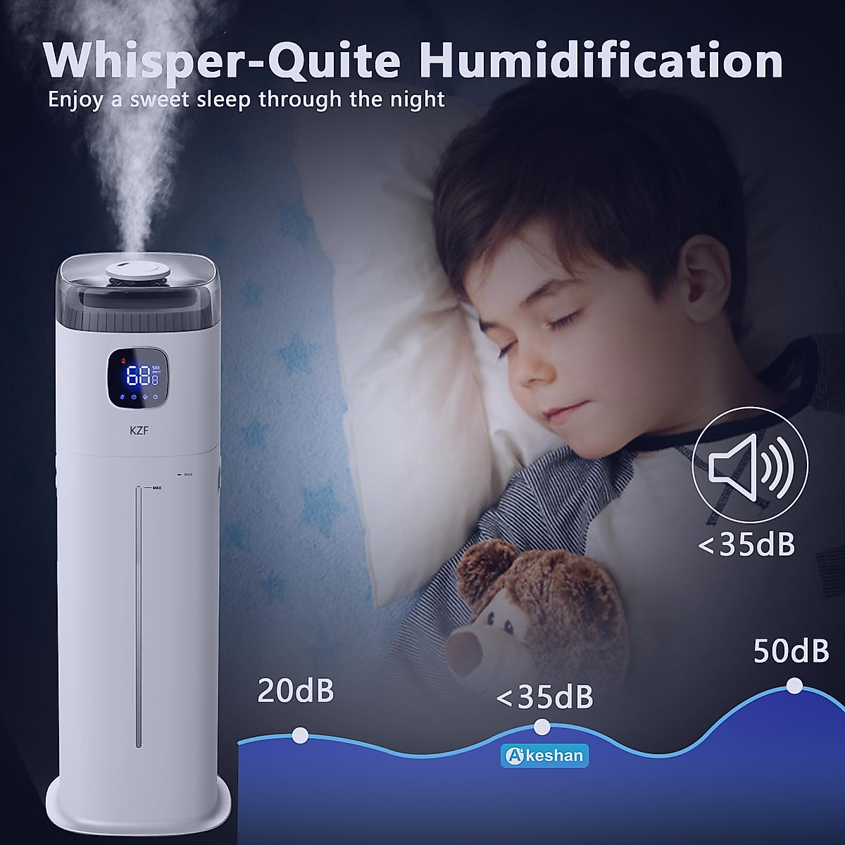 KZF Humidifier for Large Bedroom, 9L/2.5Gal Ultrasonic Cool Mist Humidifier, Easy Clean Humidifier with 350ML/H Large Mist Speed, Quiet Tower Humidifier, Suitable for Kids Room Plant Yoga (White)