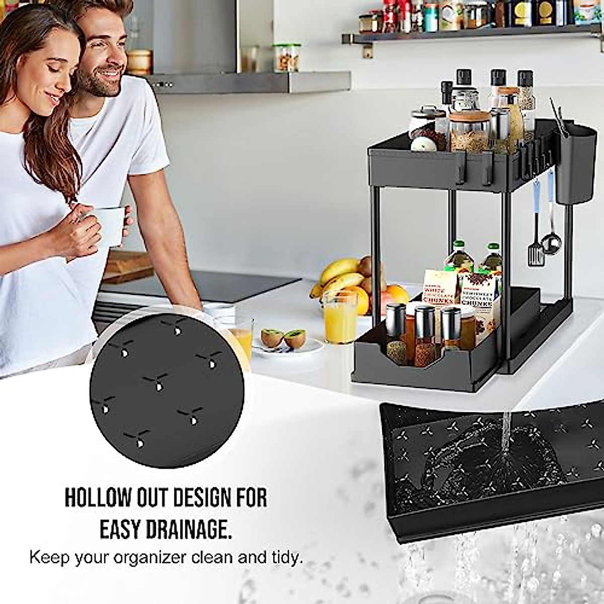 TMWHE Under Sink Storage Rack, Multifunctional Plastic Organizer, Slide-Out Design, 15.5"Lx8.5"Wx11.6"H, Black