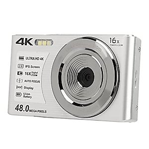 Compact Camera, 48MP Image Resolution Built in Fill Light Compatible 256GB Memory Card Rechargeable Lithium Ion Battery 4K Digital Camera for(Silver)