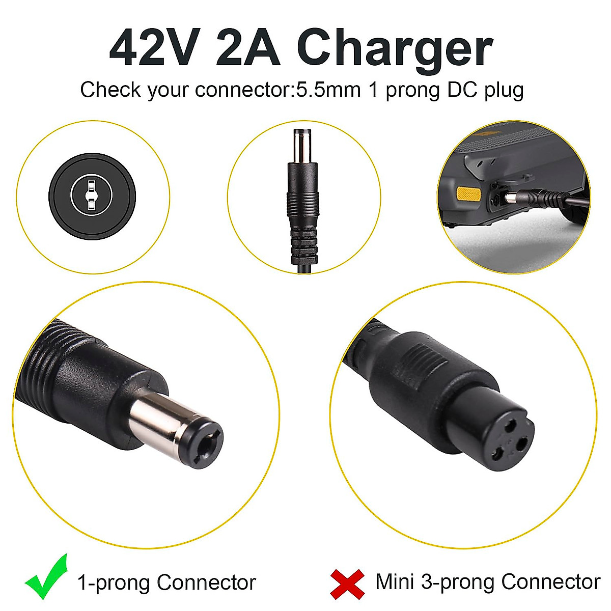 42V 2A Charger 1 Prong for 36V Lithium Ebike Escooter Compatible with Gotrax and All Brands' Electric Bike Scooter 5.5mm Plug