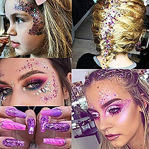 Unicorn Iridescent Holographic Chunky Glitter Cosmetic Body Hair Face Eye Nail for Festival Carnival Concert Party Beauty Rave Accessories Different Shapes 2 Pots 14g/0.5oz+ Quick Dry Primer Glue Gel