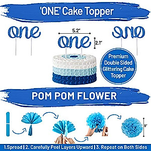 Baby Boy 1st Birthday Decorations With Birthday Crown - First Birthday Boy Decorations - Cake Smash Party Supplies - Happy Birthday and HighChair One Burlap Banner, Number One Balloon, Cake Topper.