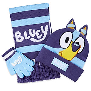 Bluey Girls Winter Set, Kids Hat & Gloves Scarf or Beanie and Gloves - Gifts for Girls (Blue 3 Pcs)