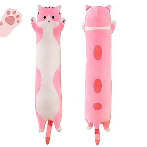 Rexinc Long Pink Cat Plush Pillow Toy Sleeping Pillow Cute Cartoon Cat Stuffed Animals Soft Long Body Pillow Gift for Kids (27.55in)