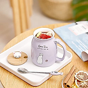 Cute Cat Mug Set of 4 Ceramic Coffee Cups with Lovely Kitty lid and Fish Spoon Novelty Morning Tea Milk Mug Set for Girls Women Christmas Birthday Gift 500ML/15oz (4pcs,Blue Pink Purple Yellow)