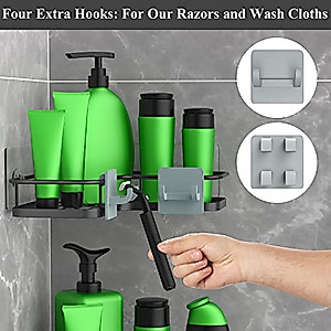 Zaspaver Black Corner Shower Caddy Organizer Shelf Shelves Basket with Hooks, Bathroom Adhesive Shampoo Holder 2 Pack, Drill Free No Rust