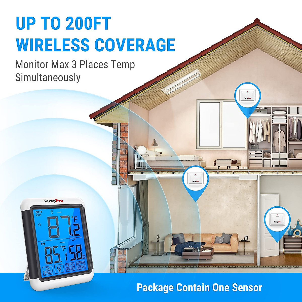 TempPro B65S Indoor Outdoor Thermometer Wireless Digital Hygrometer Temperature Sensor Humidity Gauge Monitor with Large Backlight Touchscreen for Home Thermometer