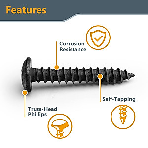 POWERTEC QWS1008#14 Wood Screws 1-1/2 inch, Phillips Truss Head Self Tapping Black Wood Screw Set - 100pcs