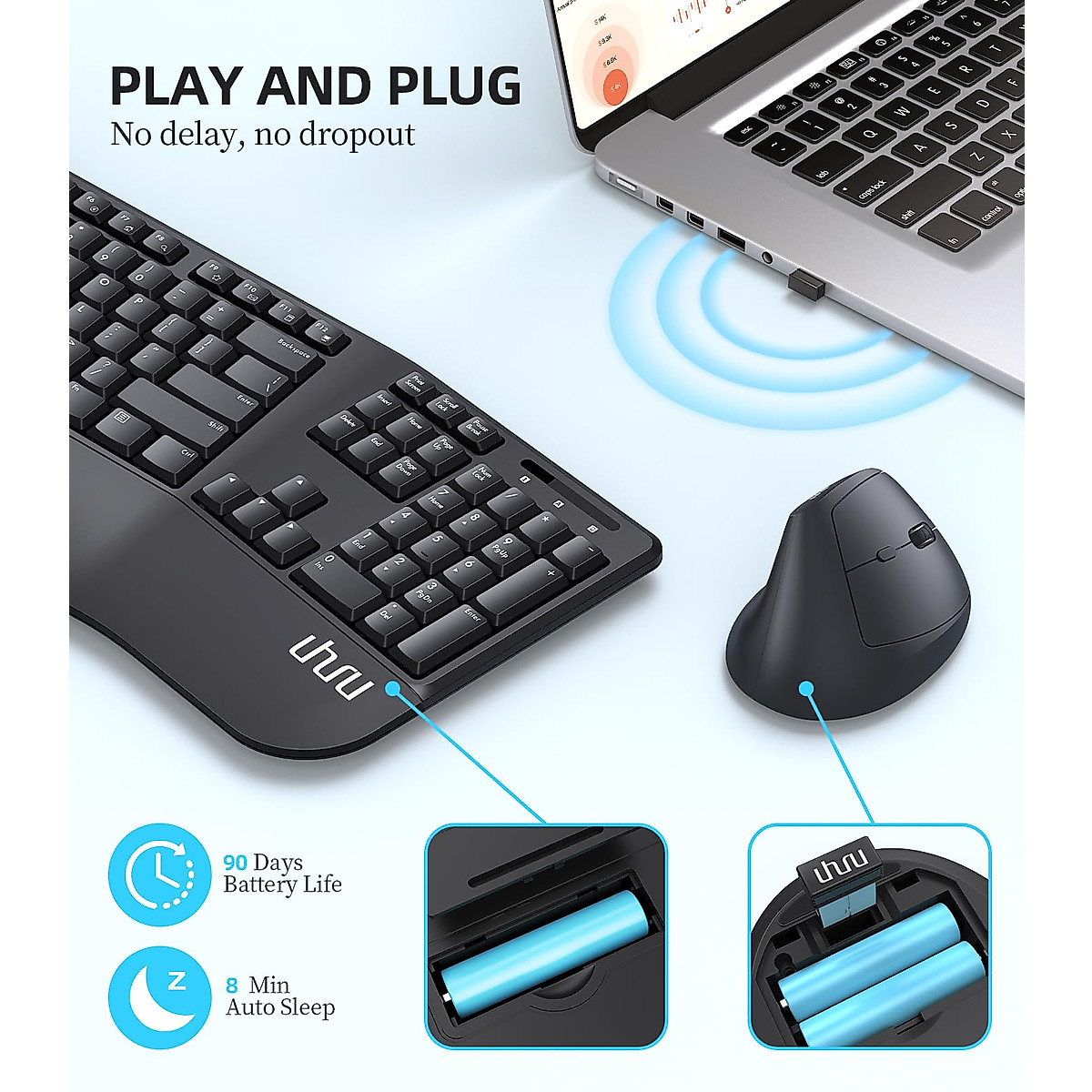 Ergonomic Wireless Keyboard and Mouse - UHURU UEKM-20 Wireless Ergo Keyboard and Mouse Combo with Split Design, Palm Rest, Natural Typing, Compatible with Windows Mac