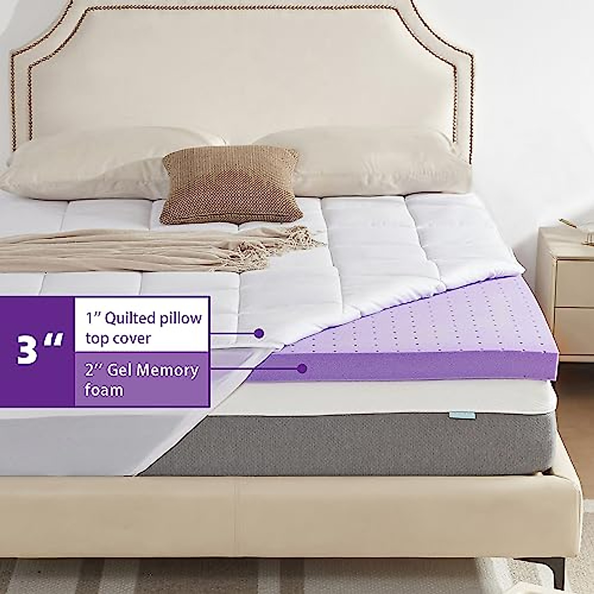 BDEUS Dual Layer 3 Inch Memory Foam Mattress Topper Queen Size, 2 Inch Cooling Gel Memory Foam Plus 1 Inch Down Alternative Quilted Pillow Top Cover,Back Pain Relief
