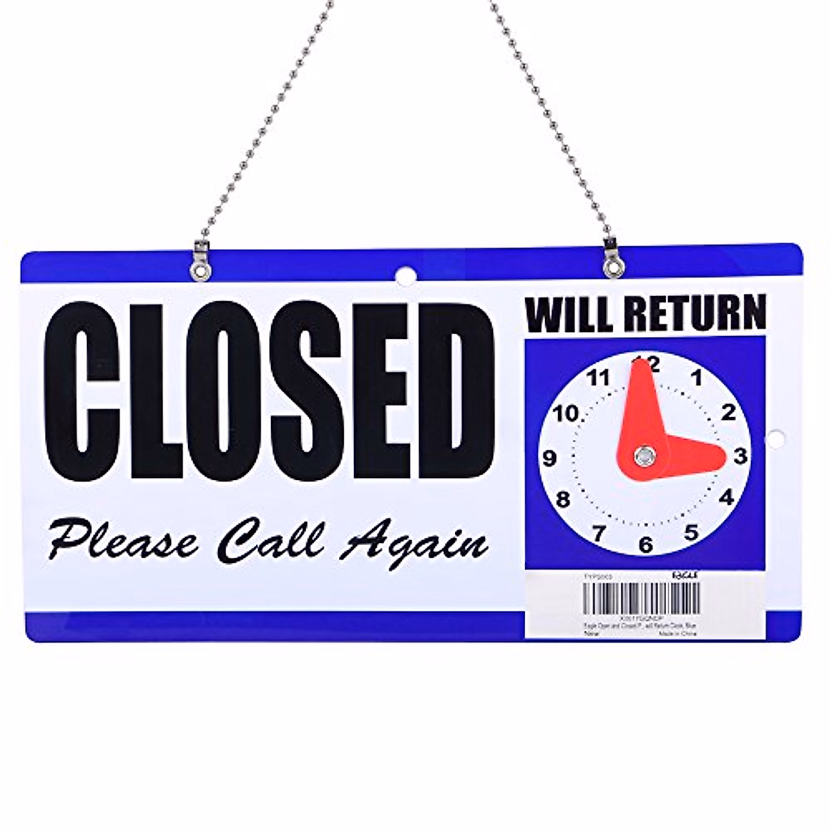 Eagle Open and Closed Sign, Plastic, with Hanging Chain, Double Sides with “Will Return” Clock, 6X11.5-Inches