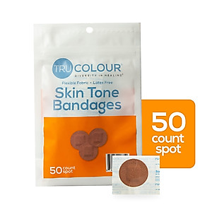 Tru Colour - Spot Bandages, Flexible Fabric Adhesive Bandages, Brown Skin Tone Shade, Orange Bag, 50 Count