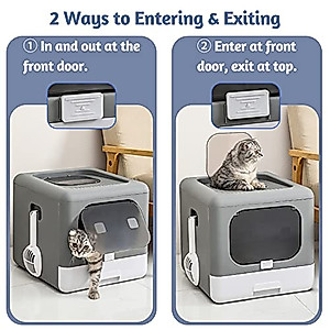 Fhiny Foldable Cat Litter Box with Lid, Enclosed Drawer Kitty Litter Pan Front and Top Entry Door Cat Potty with Plastic Scoop Anti-Splashing No Smell Easy to Scoop