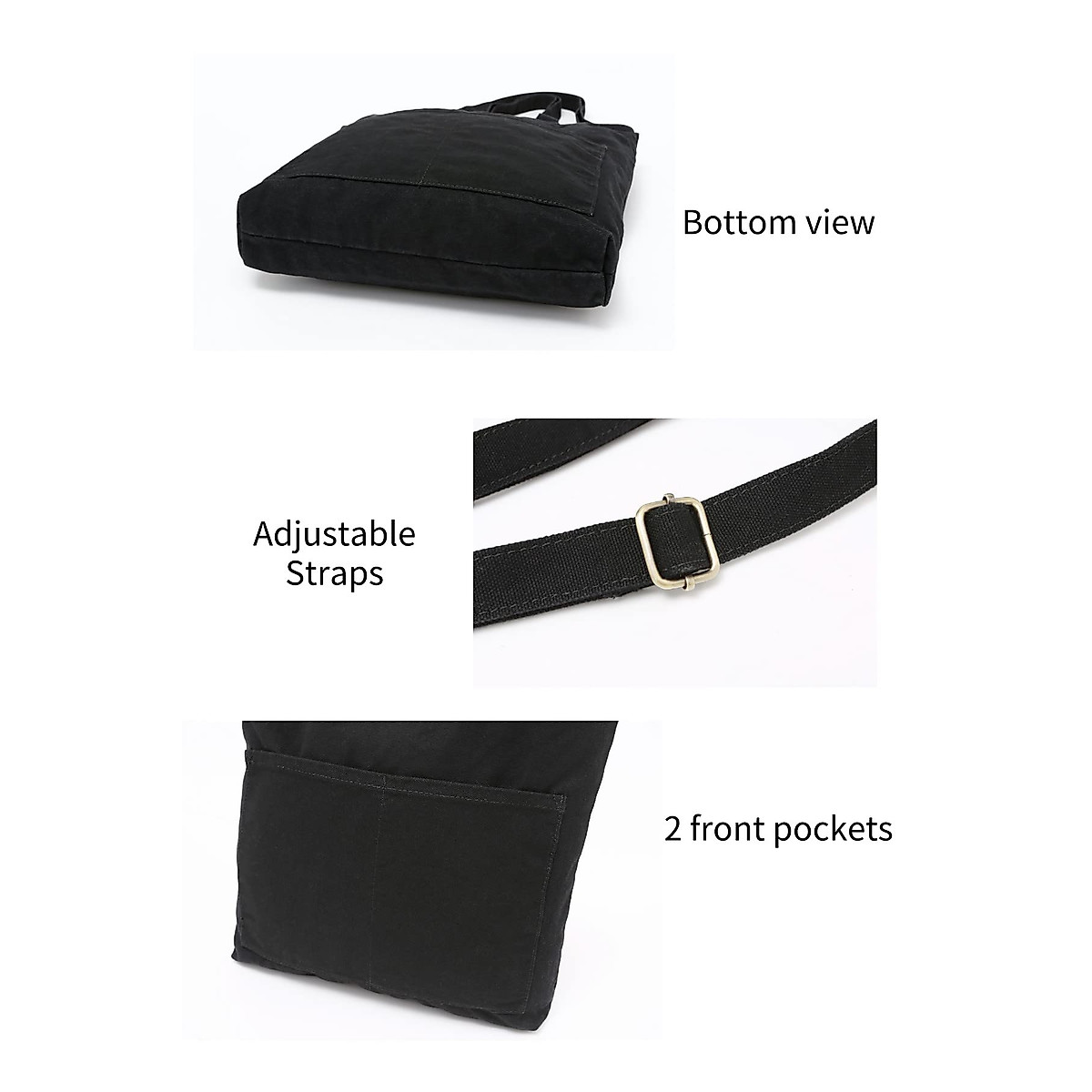 Jeelow 16oz Heavy Duty Canvas Tote Bag Crossbody Shoulder Handbag for Men & Women Washed Cotton Adjustable Strap Multiple Pockets (Black 2 Way)