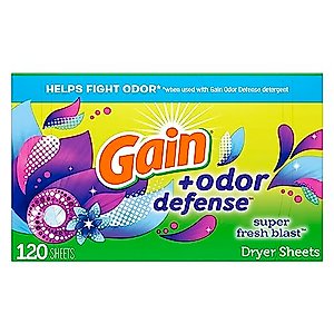 Gain + Odor Defense Fabric Softener Dryer Sheets, Super Fresh Blast Scent, 120 ct