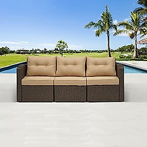 SUNVIVI OUTDOOR Patio Couch Sofa,3-Seat Outdoor Wicker Brown Rattan Sectional Couch Furniture Aluminum Frame with Non-Slip Beige Cushion