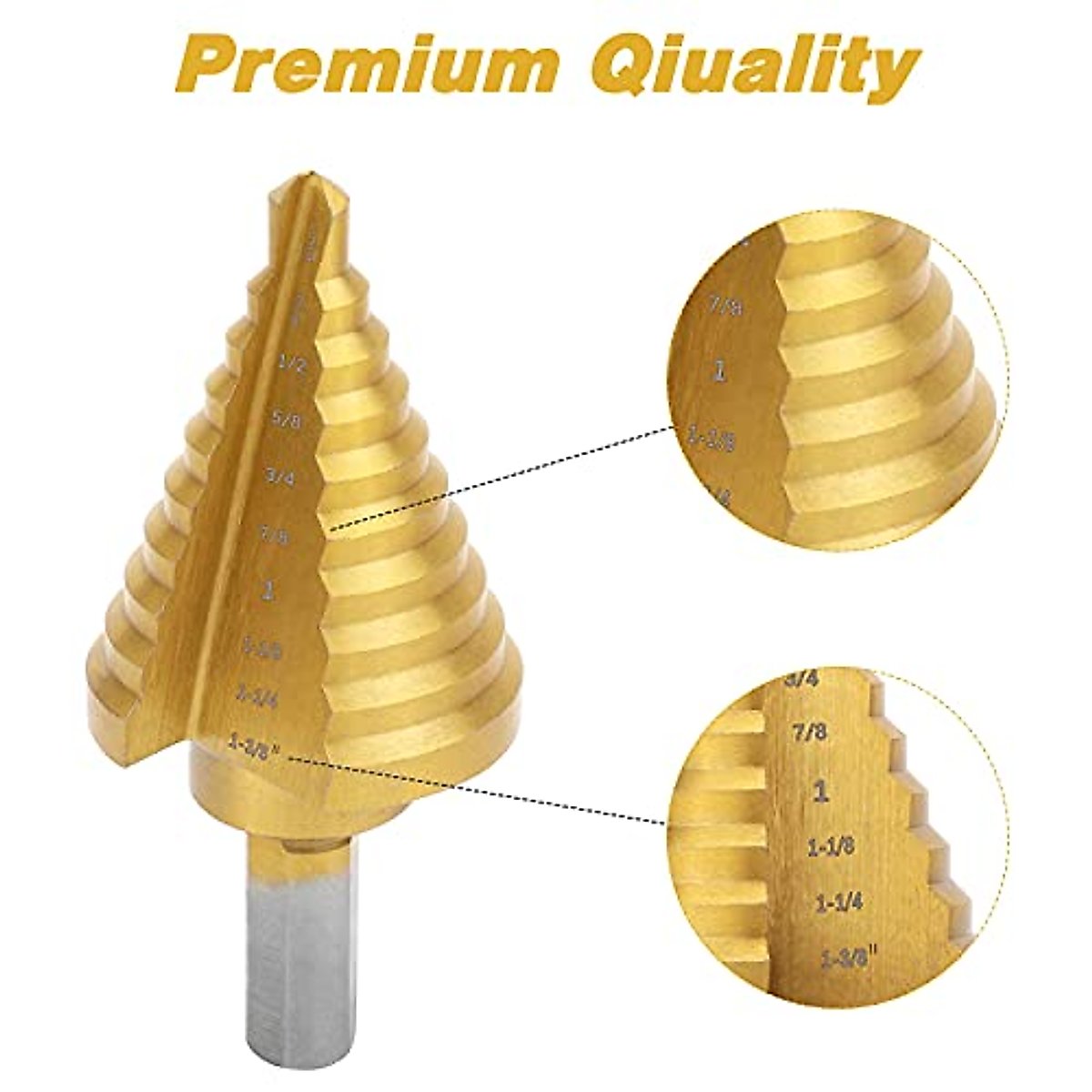 10 Sizes Titanium Step Drill Bit, 1/4 to 1-3/8 Inches High Speed Steel Step Drill Bits for Sheet Metal Hole Drilling Cutting, HSS Multi Size Unibit Drill Bits DIY Lovers, Multiple Hole Stepped up Bits