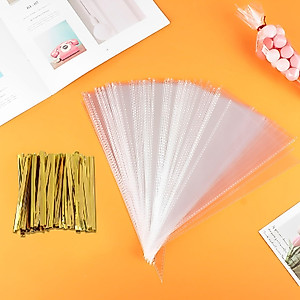 Dxlam 100 Pcs Cone Cellophane Bags, 6x12 Inches Clear Plastic Cone Shaped Treat Bags with 100 Twist Ties for Party Favor, Gift Wrapping, Packaging Decorations Storage