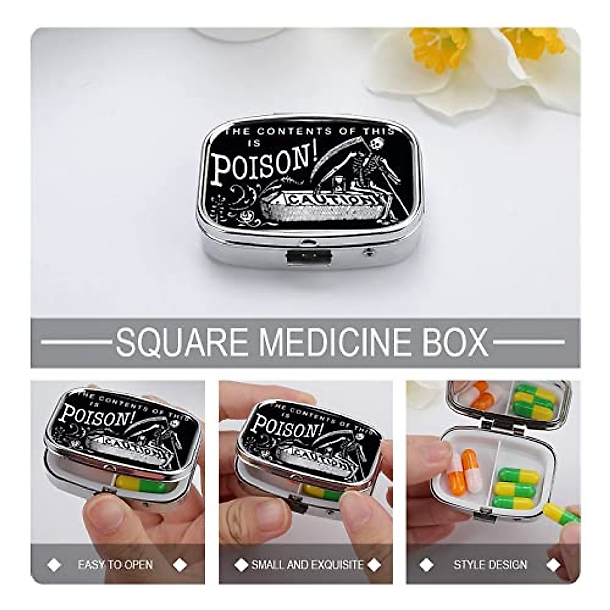 HOMETRIP Metal 2 Compartment Pill Organizer Travel Friendly Portable Compact Box Cute Case to Hold Vitamins/Tylenol/Fish Oil/Supplements/Meds/Tablet (Poison Caution), 1.97 x 0.79 x 0.39 Inch