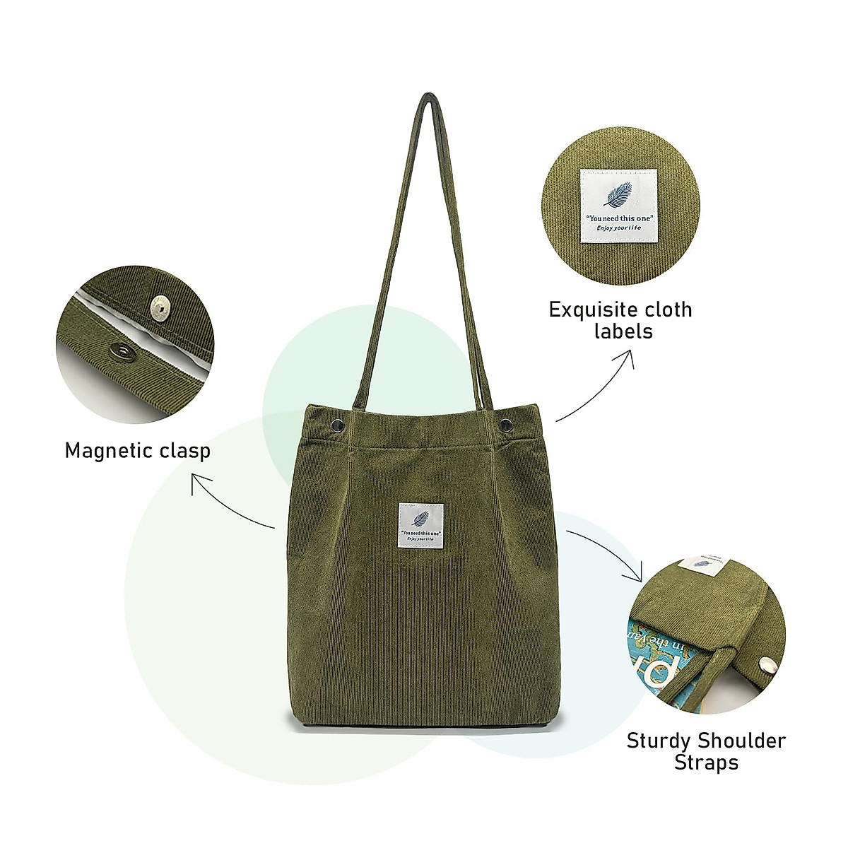 GODWOODS Fashion Tote Bag for Women Corduroy Shoulder Cord Purse with Inner Pocket (Army Green)