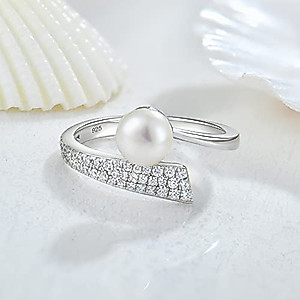 STARCHENIE Pearl Rings for Women Sterling Silver,7mm Pearl Cubic Zirconia Adjustable Rings for Women size7