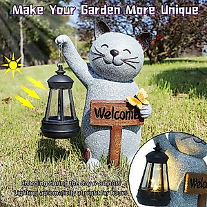 Juegoal Garden Statue Solar Cat Figurine with LED Lantern, 10" Tall Resin Kitten Hold Welcome Sign Yard Art, Outdoor for Whimsical Lawn Porch, Lighted Housewarming Birthday Gifts for Mom Grandma