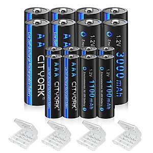 CITYORK AA AAA Rechargeable Batteries Combo Pack of 16, 8 PCS AA 3000mAh and 8 PCS AAA 1100mAh 1.2V Ni-MH Low Self Discharge Rechargeable Batteries with Battery Case Organizer