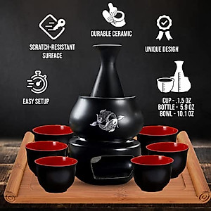 Japanese Sake Set with Warmer | 11 pc | 6 sake cups only | non electric sake warmer | sake bottle | candles | lighter | bamboo sake flight tray for sake cup set | bomb gift kit for chinese sake set