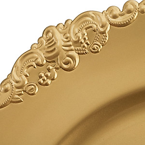 Okllen 12 Pack Gold Charger Plates, 13" Round Charger Plates with Embossed Rim, Decorative Dinner Charger Serving Plates for Catering, Wedding, Tabletop Decor