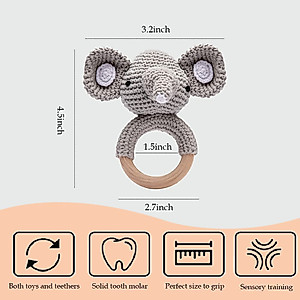 Youuys Wooden Baby Rattle Toys, Easter Rattle for Baby Crochet Elephant Rattle Toy Natural Wood, Shaker Rattle for Hand Grips, Boy Girl First Rattle Gift, Newborn Gifts (Elephant)