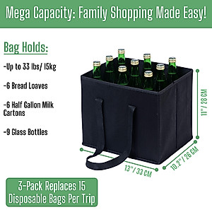 VENO 3 Packs Reusable Grocery Shopping Bags, Shopping Cart Bags, Storage Boxes, Trunk Organizer, Premium Quality, Heavy Duty Tote, Reinforced Bottom, Foldable, Collapsible, Sustainable (L, Set of 3)