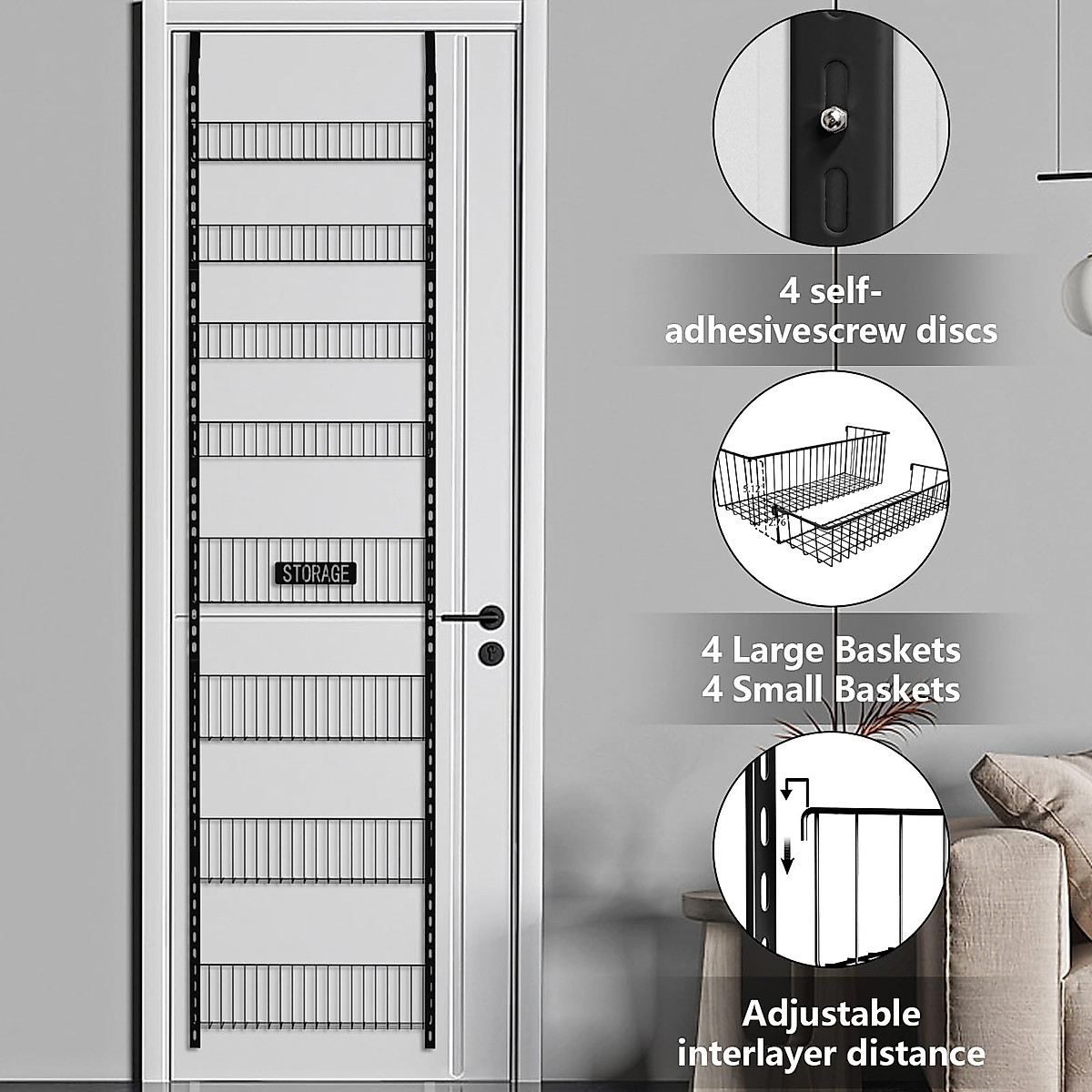 Shengsite 8-Tier Over the Door Pantry Organizer, Heavy-Duty Metal Pantry Door Organizer with 4 Long and 4 Short Baskets, Dual-use Hanging or Wall Mount Spice Rack Organizer, Black