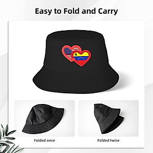 Hearts America and Venezuela Bucket Hats Double-Woven for Women Men Adult Fisherman's Hat Sun Cap Packable Outdoor Fisherman Hat Black