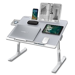 NEARPOW XXL Bed Table Desk for Laptop and Writing, Adjustable Computer Tray Laptop Stand for Bed or Sofa with Anti-slip Leather, Removable Stopper, Book Stand and Drawer - Gray