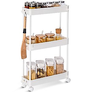 TOOLF Slim Rolling Storage Cart, 3 Tier Utility Cart on Wheels with Hooks, Bathroom Rolling Cart Organizer, Thin Mobile Shelving Unit for Laundry Kitchen Dorm for Nursery Diaper Craft Snack, White