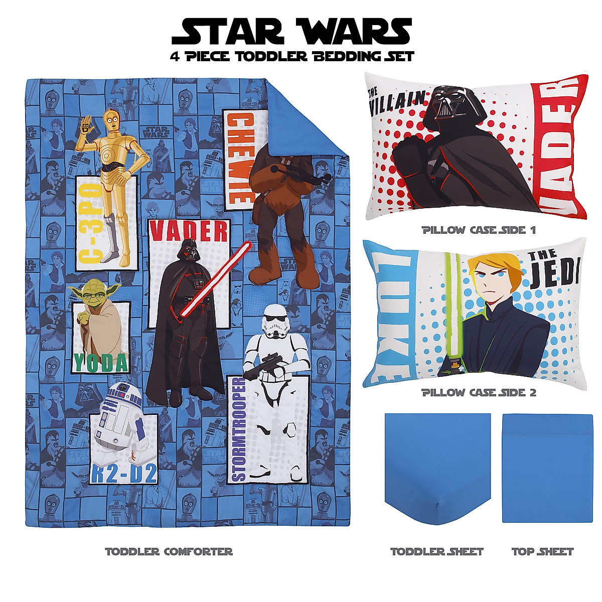 Disney Star Wars Galaxies Await 4 Piece Toddler Bedding Set Fitted Sheet, Pillow Case, Top Sheet, and Comforter Quilt - Blue