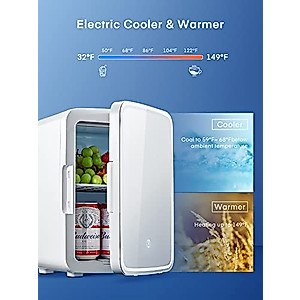10 Liter/11 Can Mini Skincare Fridge with 3-Mode LED & Mirror, 110V AC/12V DC Portable Cooler & Warmer Small Refrigerator for Skin Care Cosmetic Makeup, Perfect for Office Bedroom Dorm Car, White