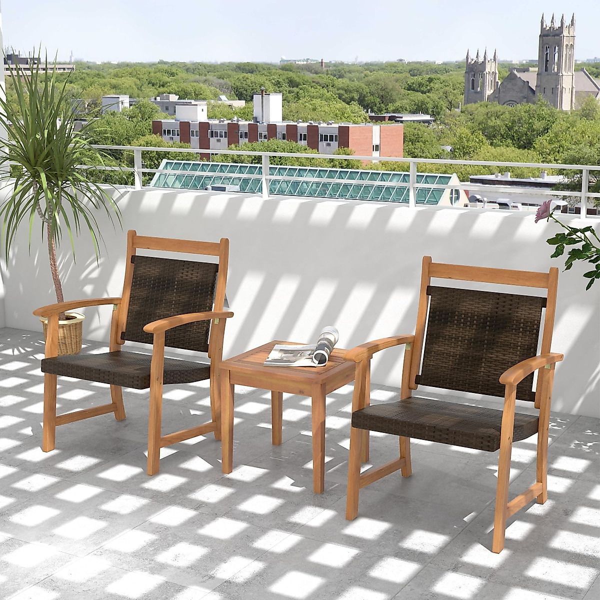 HAPPYGRILL 3 Pieces Rattan Wood Bistro Set, Patio Wicker Chairs Set with Acacia Wood Side Table, Outdoor Sofa Furniture Set for Yard Garden Porch Poolside