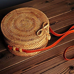 Kbinter Handwoven Round Rattan Straw Bag for Women Shoulder Leather Button Straps Natural Chic Handmade Boho Bag Bali Purse (Bow-Tie)