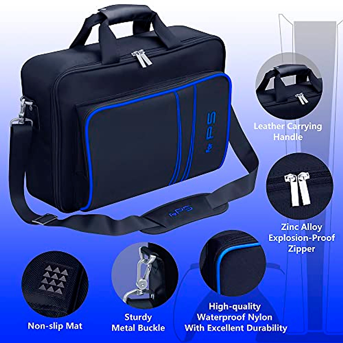omarando Gaming Console Carrying Case,Compatible with PS5 or PS5 Slim,Travel Carrying Bag for Game Controller and Accessories,Included Controller Protective Box(Black-Blue)