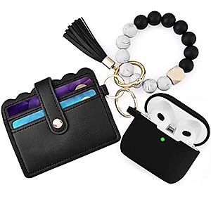 Case for Airpods 3rd Generation (2021), Filoto Cute Apple Airpod 3 Case Cover for Women Girls, Silicone Case with Wristlet Bracelet Keychain Credit Card Holder Purse Accessories (Black)