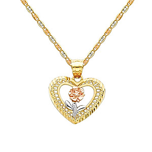 The World Jewelry Center 14k REAL Tri Color Gold Flower in Heart Pendant with 1.5mm Diamond Cut Chain Necklace - 22"