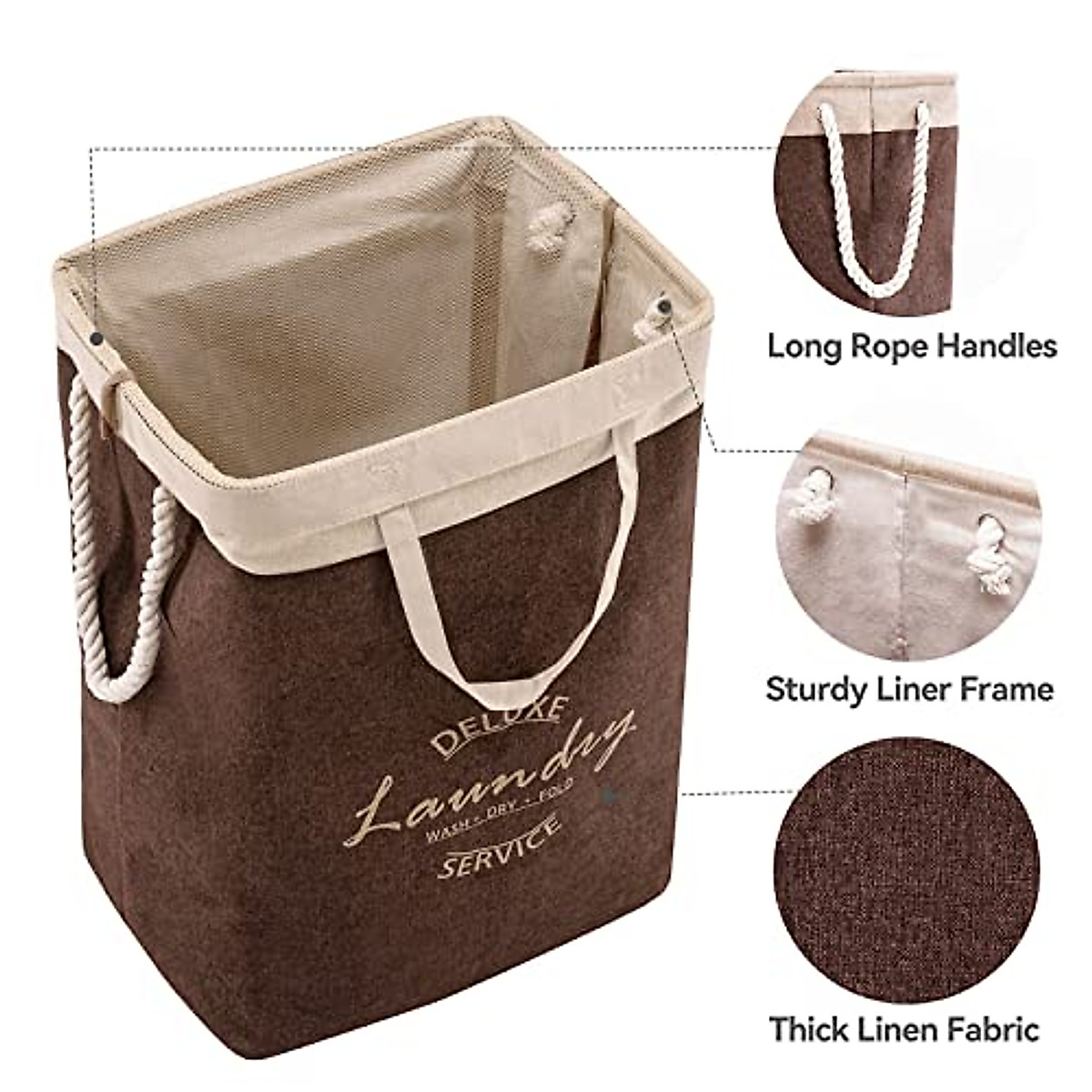 TECHMILLY 72L Large Laundry Hamper with Removable Bag, Collapsible Laundry Basket with Rope Handles, Dirty Clothes Hamper for Bedroom, Living Room, Clothes Toys Organizer, Brown