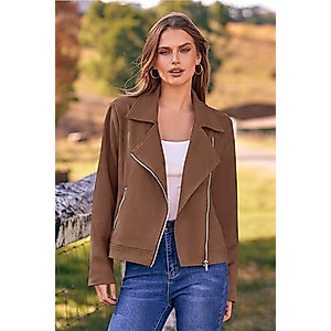 PRETTYGARDEN Women's Winter Faux Suede Moto Biker Jacket Long Sleeve Zip Up Lapel Y2K Short Coat with Pockets Fashion Dressy (Coffee,X-Large)