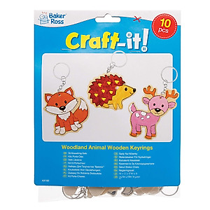 Baker Ross AX182 Woodland Animal Wooden Keyrings - Pack of 10, Color in Woodcraft Kits for Kids Arts and Crafting Activities