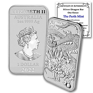 2022 P AU Lot of (10) 1 oz Australian Silver Dragon Rectangular Bar Coins Brilliant Uncirculated (BU) with Certificates of Authenticity $1 Mint State