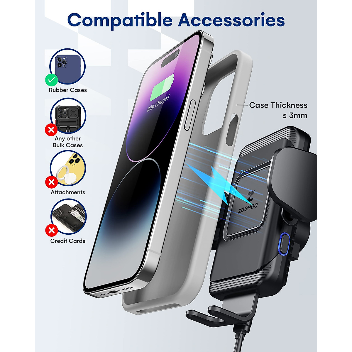 ZeeHoo Wireless Car Charger,15 W Fast Charging Auto-Clamping Car Mount,Windshield Dash Air Vent Phone Holder for iPhone 14 13 12 Mini 11 Pro Max XS XR 8,Samsung S22 S21 S20 Note 20 10 9 8