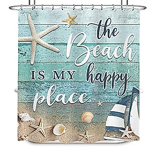 LIGHTINHOME Beach Shower Curtain 60Wx72H Inches Rustic Wooden Plank Positive Inspirational Quote Coastal Ship Starfish Seashell Cloth Fabric Waterproof Polyester Bathroom Home Decor Set with Hooks