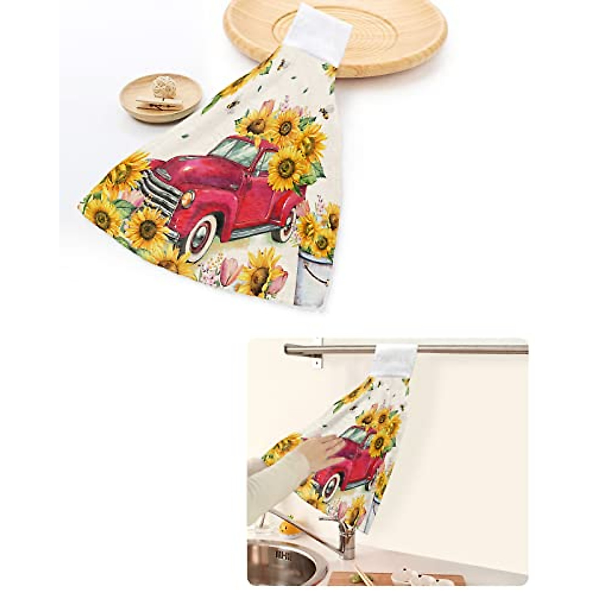 Vintage Truck 1pcs Hanging Kitchen Towel Hand Absorbent Towels Soft Durable Dish Towel for Bathroom Laundry Room Washcloth Tie Towel Quick Dry 18"x14", American Farmhouse Retro Car with Sunflower