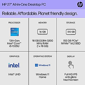 HP 27 inch All-in-One Desktop PC, FHD Display, 13th Gen Intel Core i5-1335U, 16 GB RAM, 512 GB SSD, Intel UHD Graphics, Windows 11 Home, 27-cr0070 (2023)